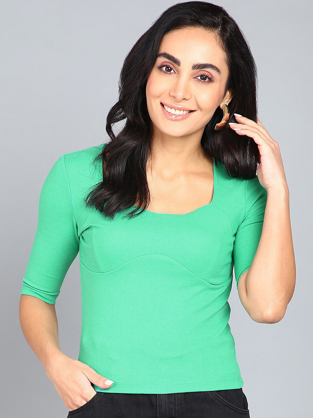 Buy Mast & Harbour Green Square Neck Short Sleeves Fitted Top - Tops ...