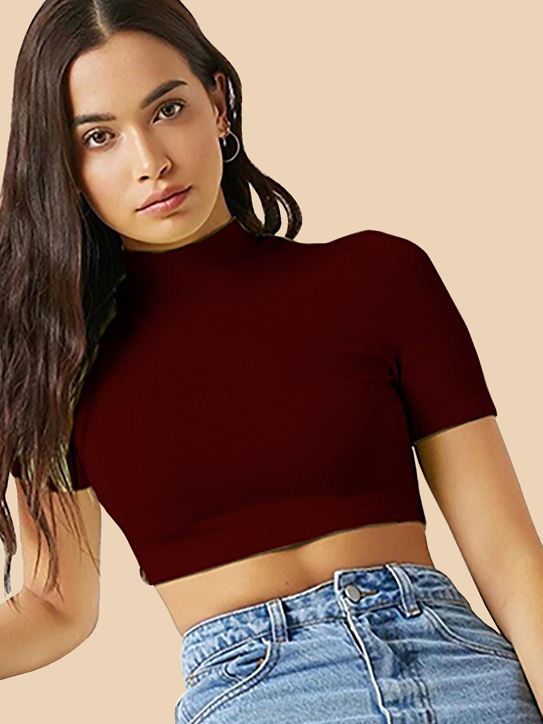 Buy Dream Beauty Fashion High Neck Short Sleeves Opaque Fitted Crop Top