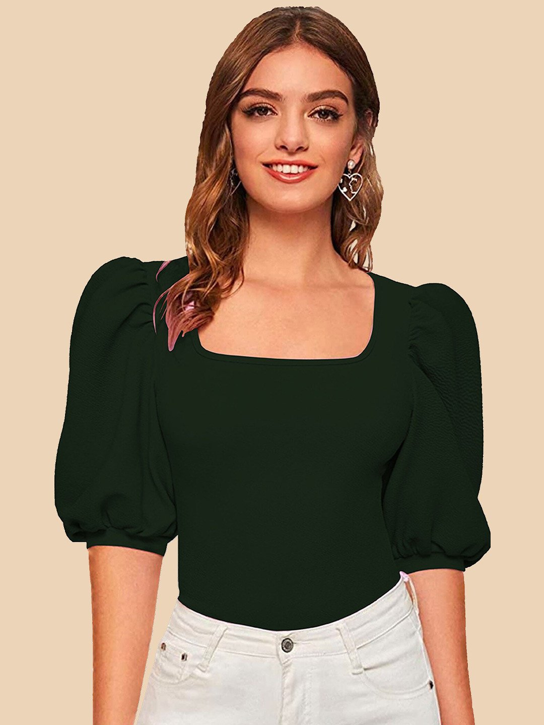 Buy Dream Beauty Fashion Square Neck Puff Sleeve Regular Opaque Casual ...