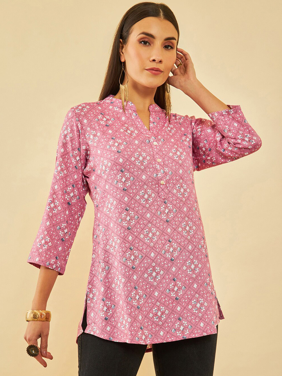 Buy Soch Pink Ethnic Motif Printed Mandarin Collar Tunic - Tunics for ...