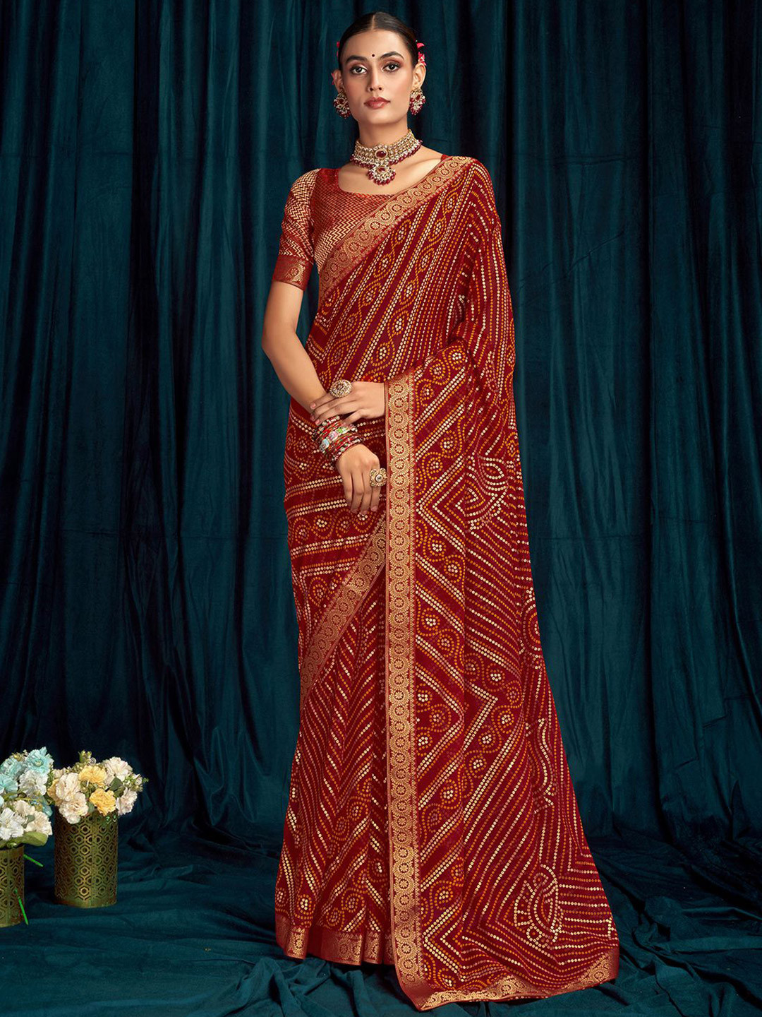 Buy Satrani Maroon Embellished Zari Bandhani Saree - Sarees for Women ...