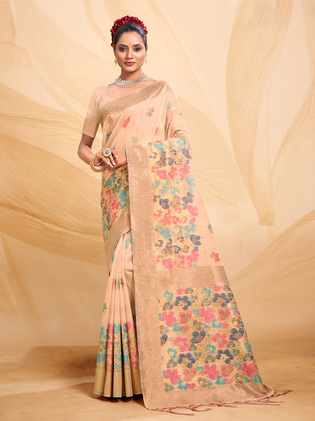 Buy Mitera Floral Woven Design Zari Tassels Saree - Sarees for Women ...