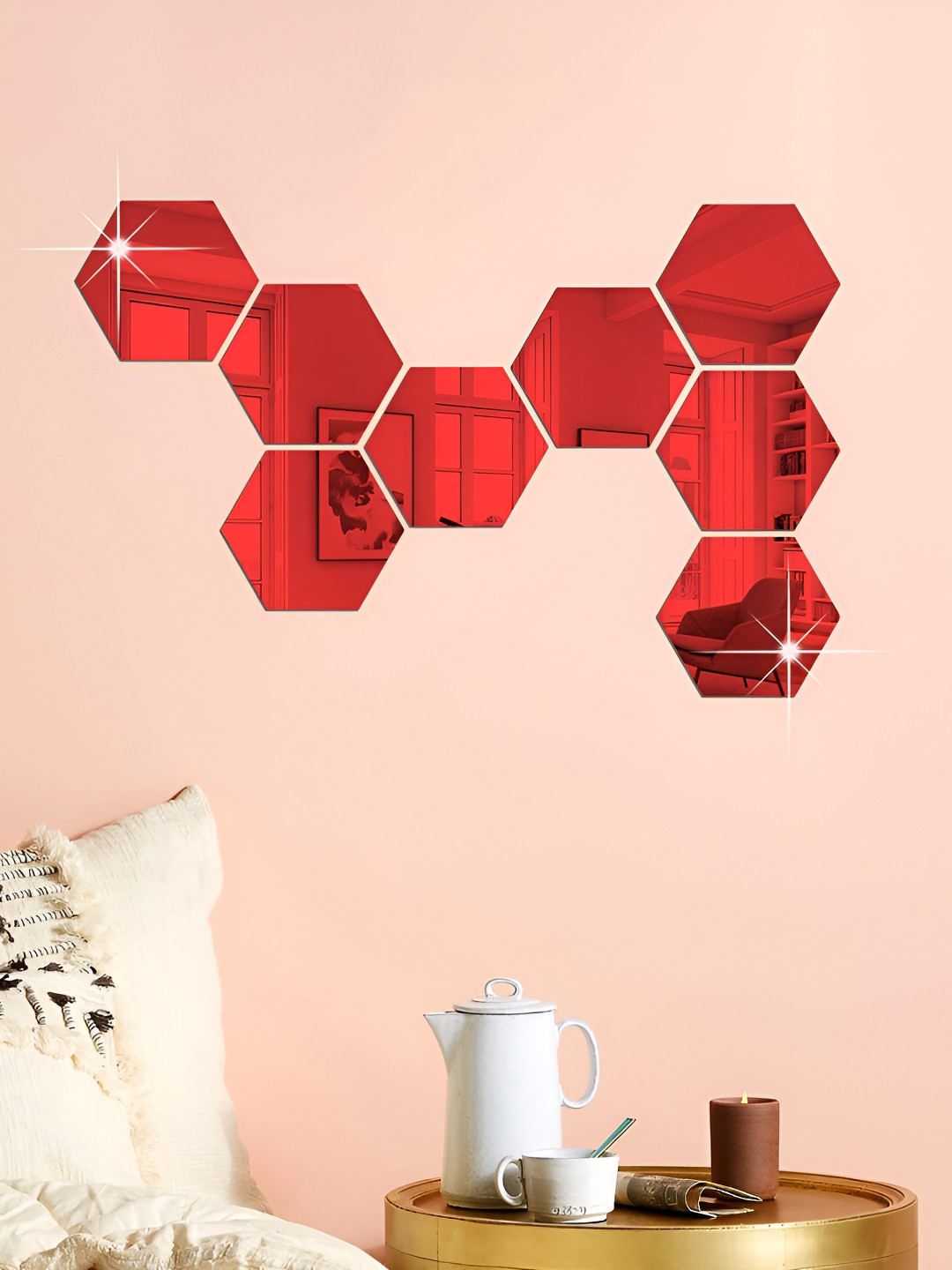 Buy WALLWEAR Red 8 Pieces Self Adhesive Hexagon Shaped Wall Stickers ...