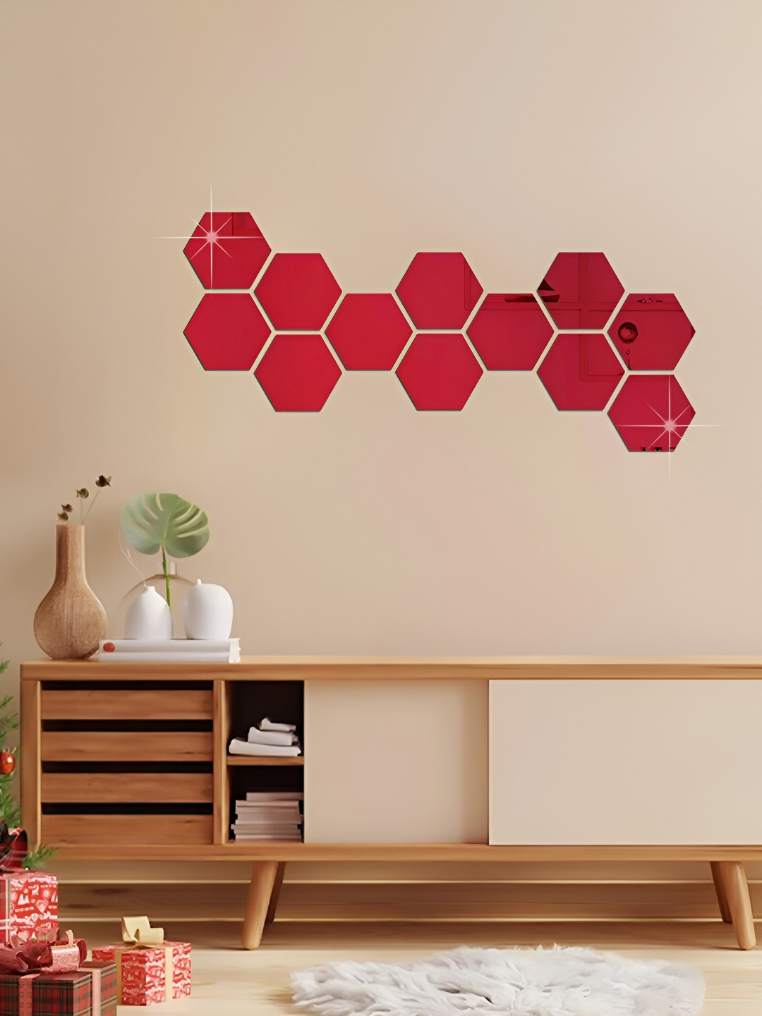 Buy WallWear Red 12 Pieces Self Adhesive Hexagon Shaped Wall Decals And ...