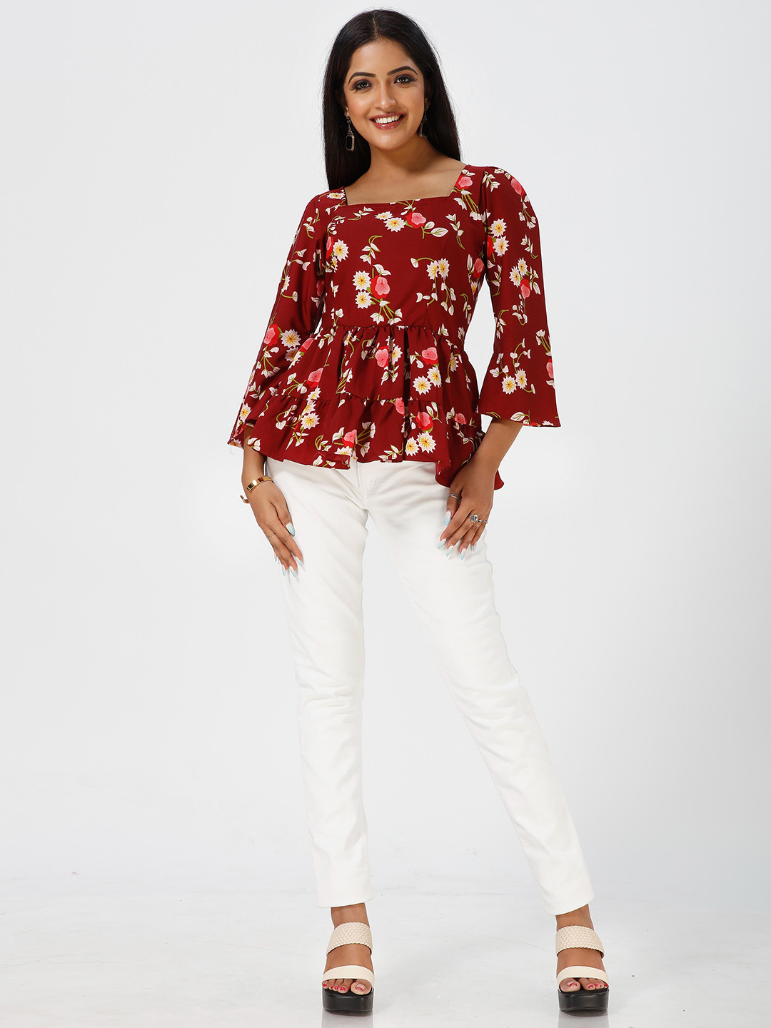 Buy Mrutbaa Floral Printed Square Neck Flared Sleeves Gathered Detailed ...