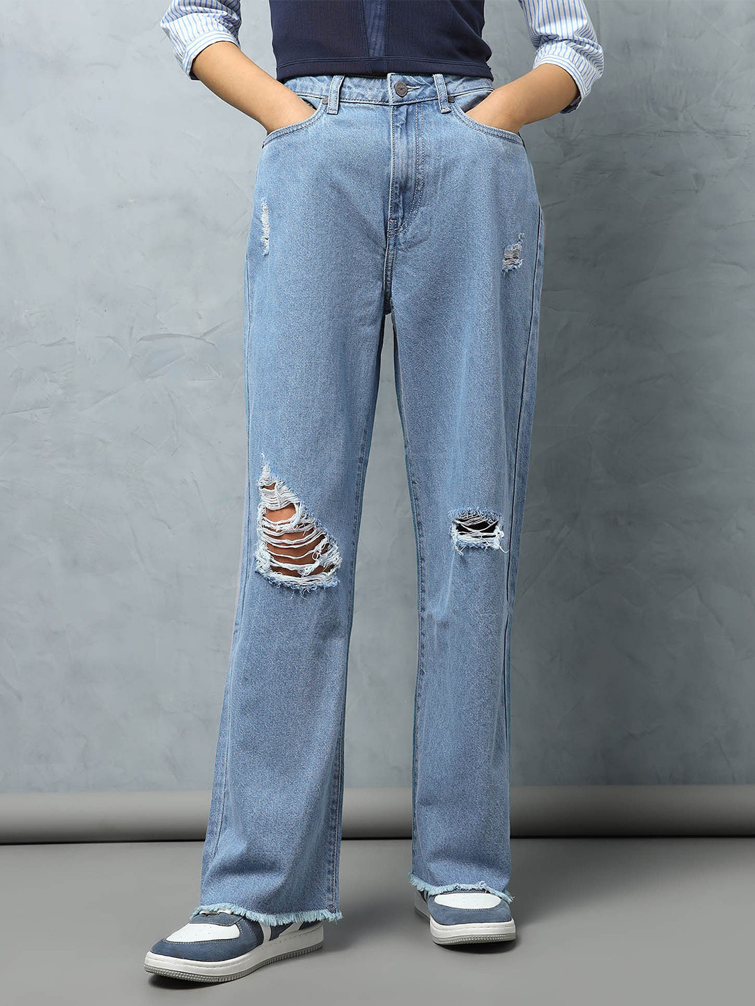 Buy Flying Machine Women Straight Fit High Rise Mildly Distressed Pure ...