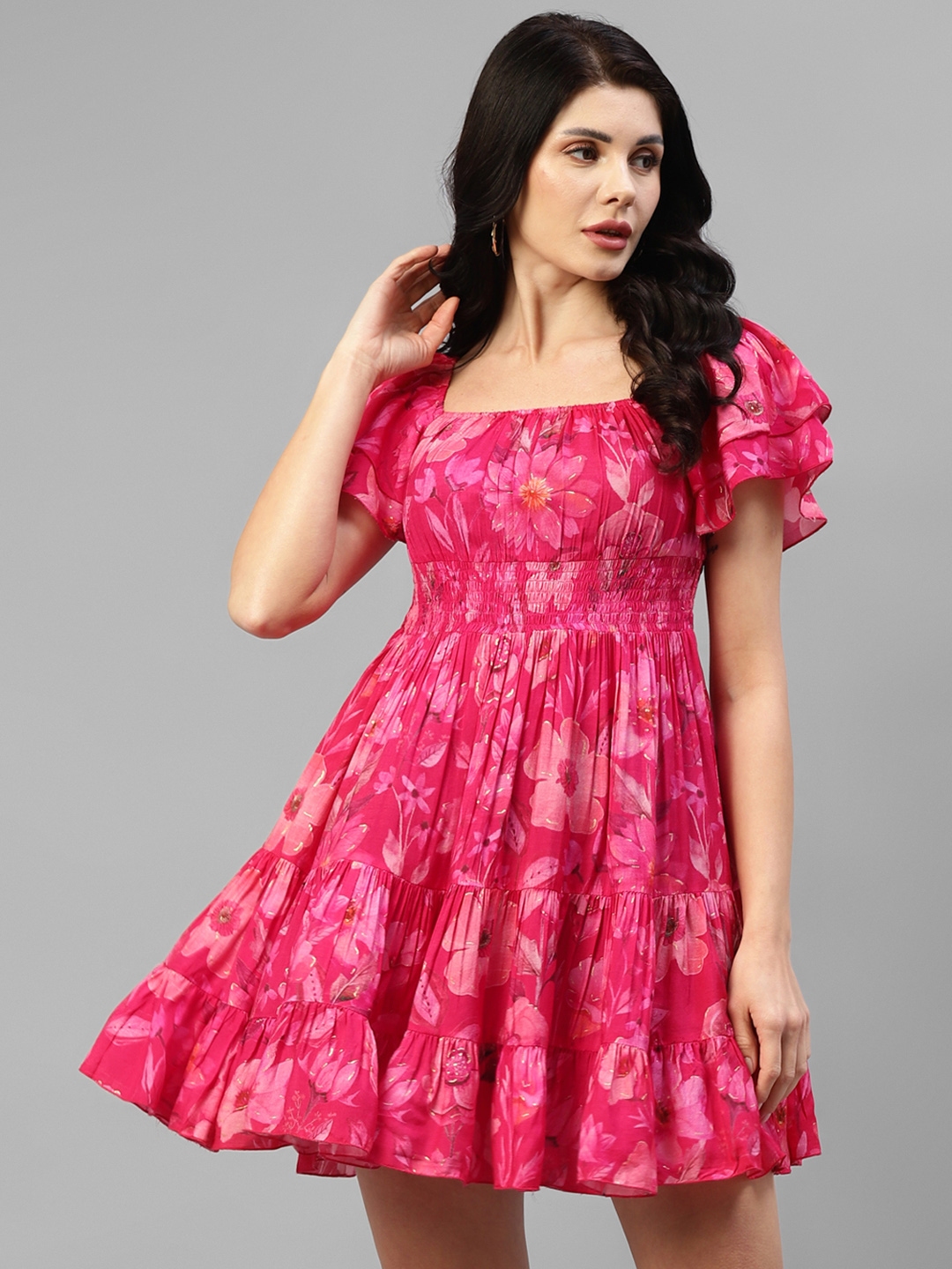 Buy Deebaco Floral Printed Square Neck Flutter Sleeves Smocked Tiered