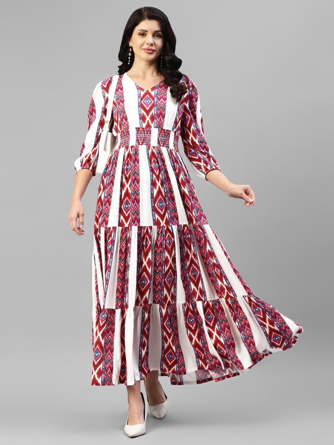 Buy Deebaco Ethnic Motifs Printed Puff Sleeves Tiered Maxi Dress