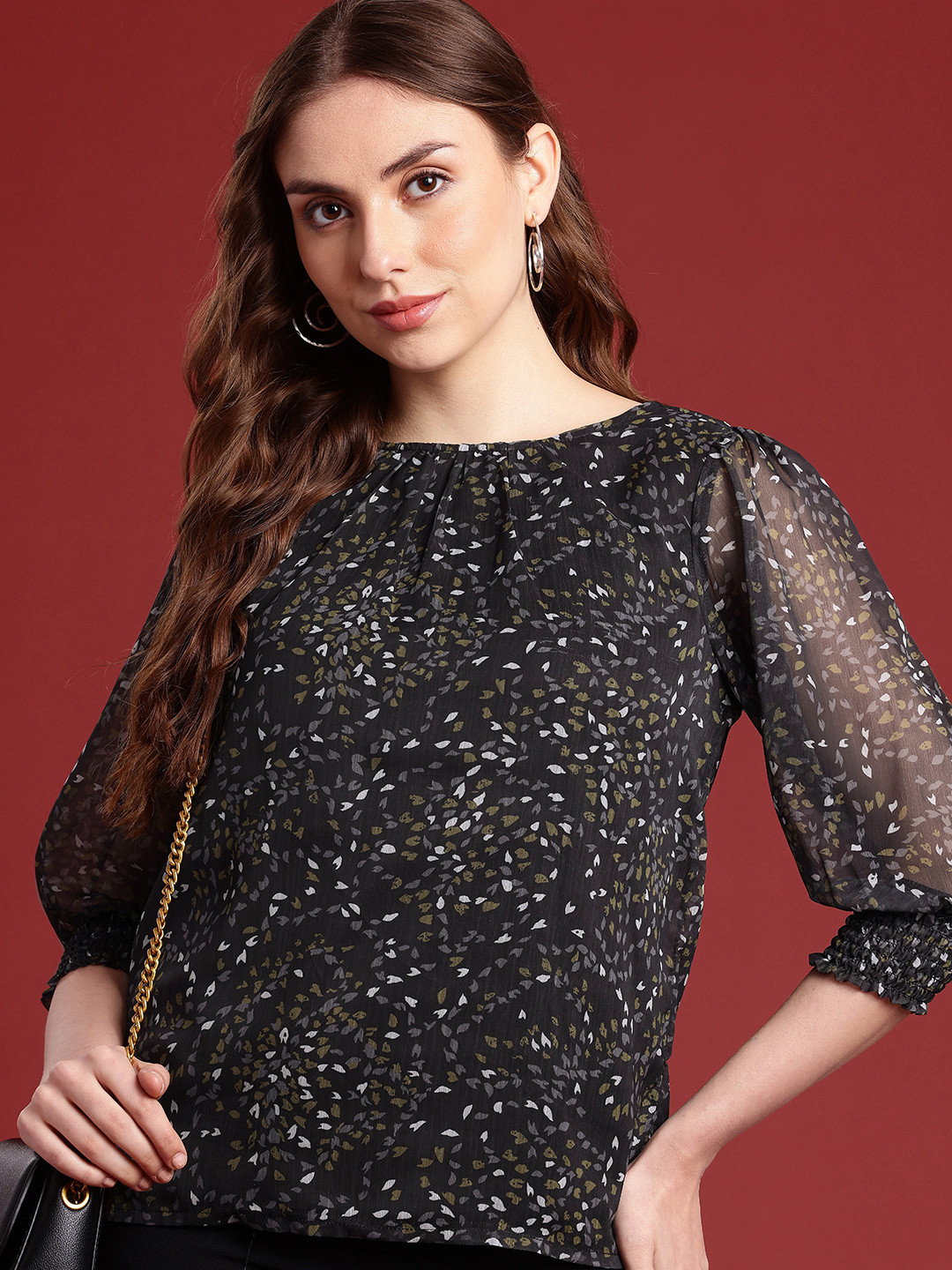 Buy All About You Formals Micro Printed Smocked Detail Puff Sleeves Top ...