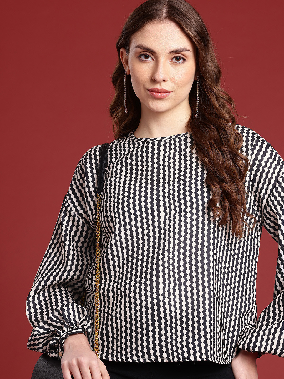 Buy All About You Formals Geometric Print Puff Sleeves Monochrome Top ...
