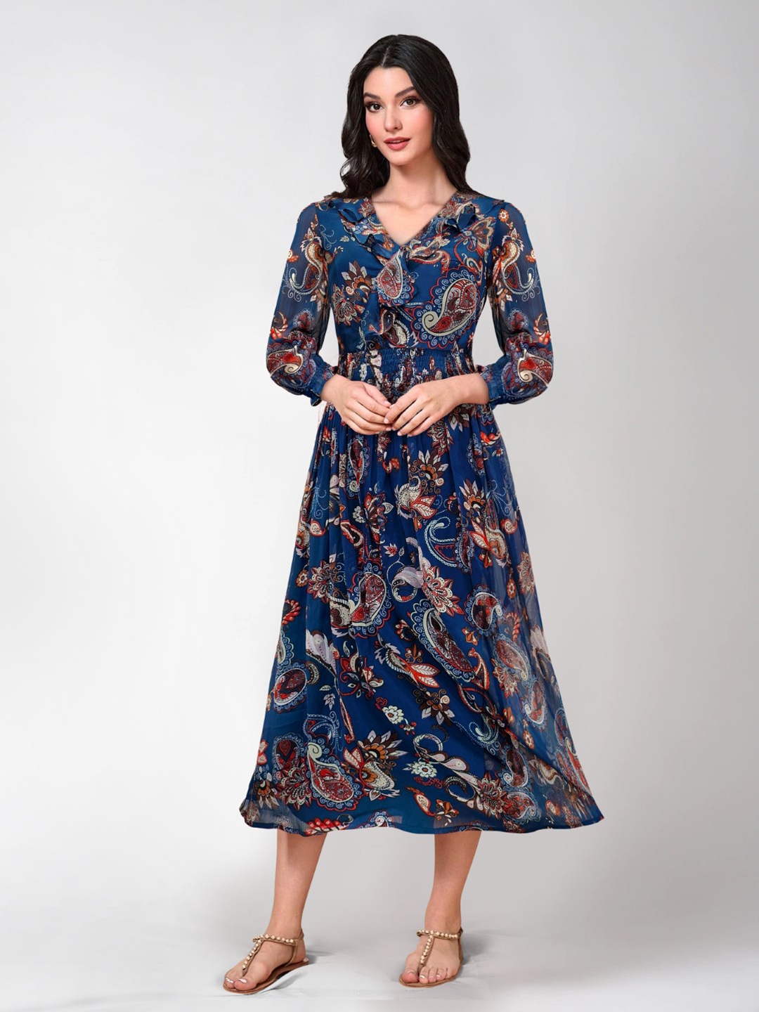 Buy Kalini Floral Printed Smocked And Gathered Georgette Fit And Flare Midi