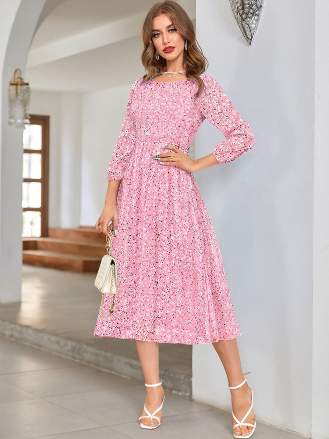 Buy Kalini Floral Printed Round Neck Puff Sleeve Georgette Fit And Flare