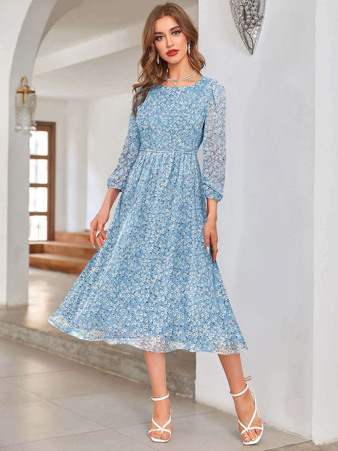 Buy Kalini Floral Printed Round Neck Puff Sleeve Georgette Fit And Flare