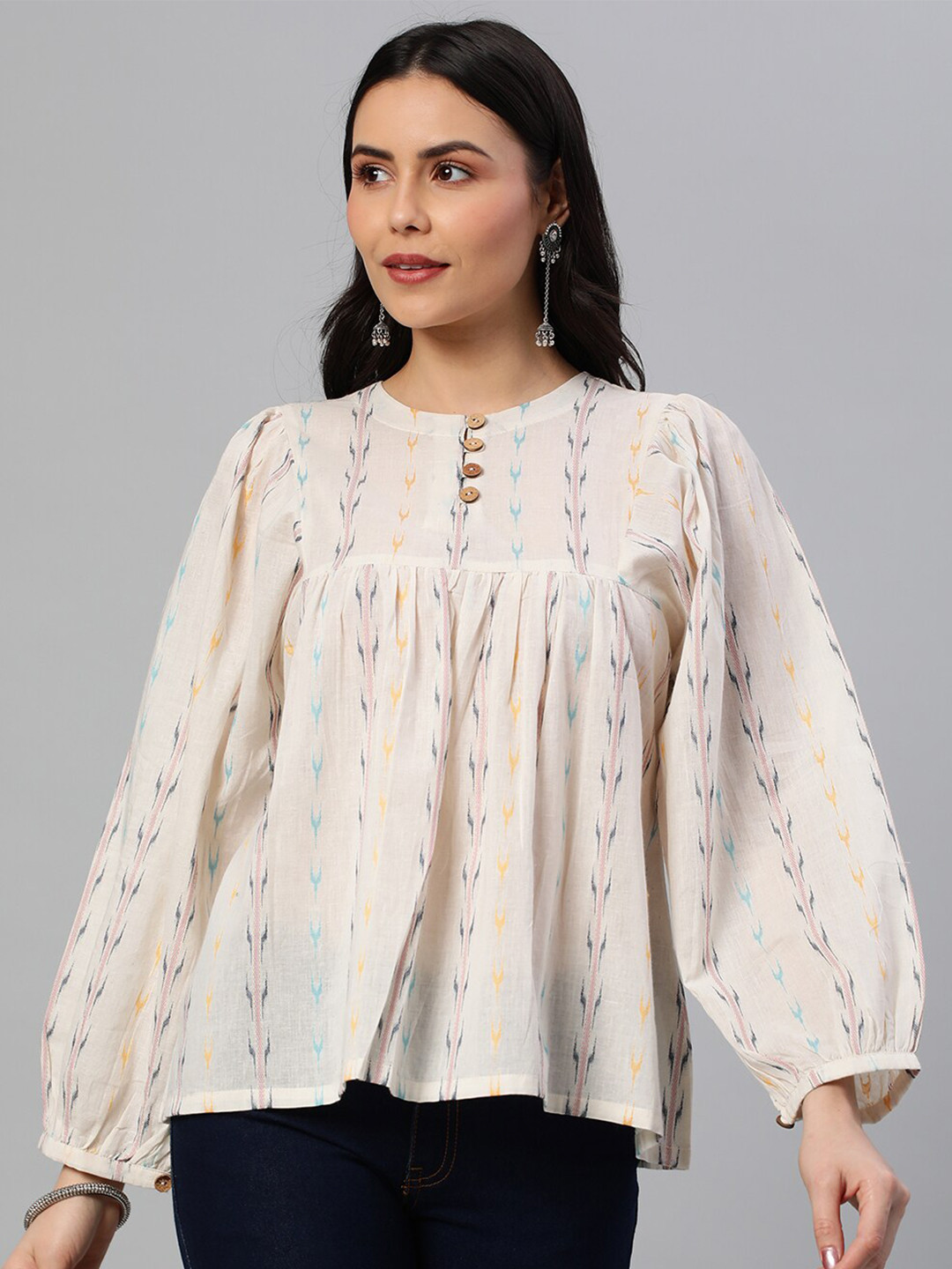 Buy KAMI KUBI Floral Printed Round Neck Puff Sleeve Gathered Or Pleated ...