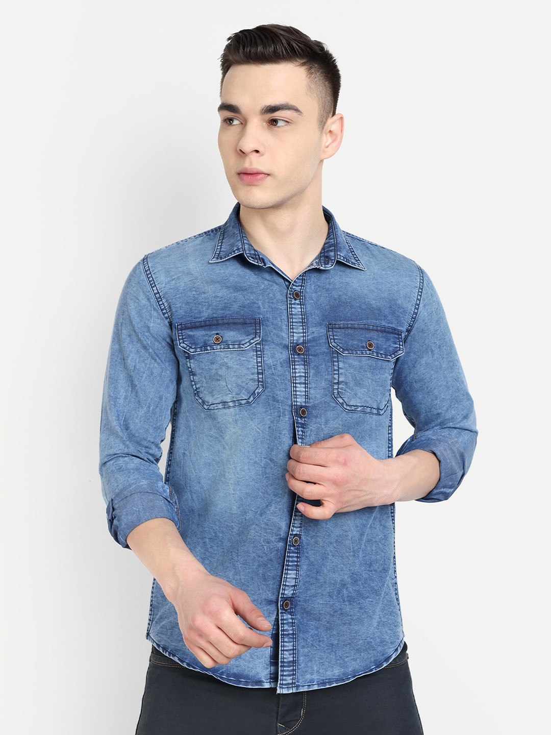 Buy CARBONN CLOTH Faded Spread Collar Regular Fit Denim Opaque Casual ...