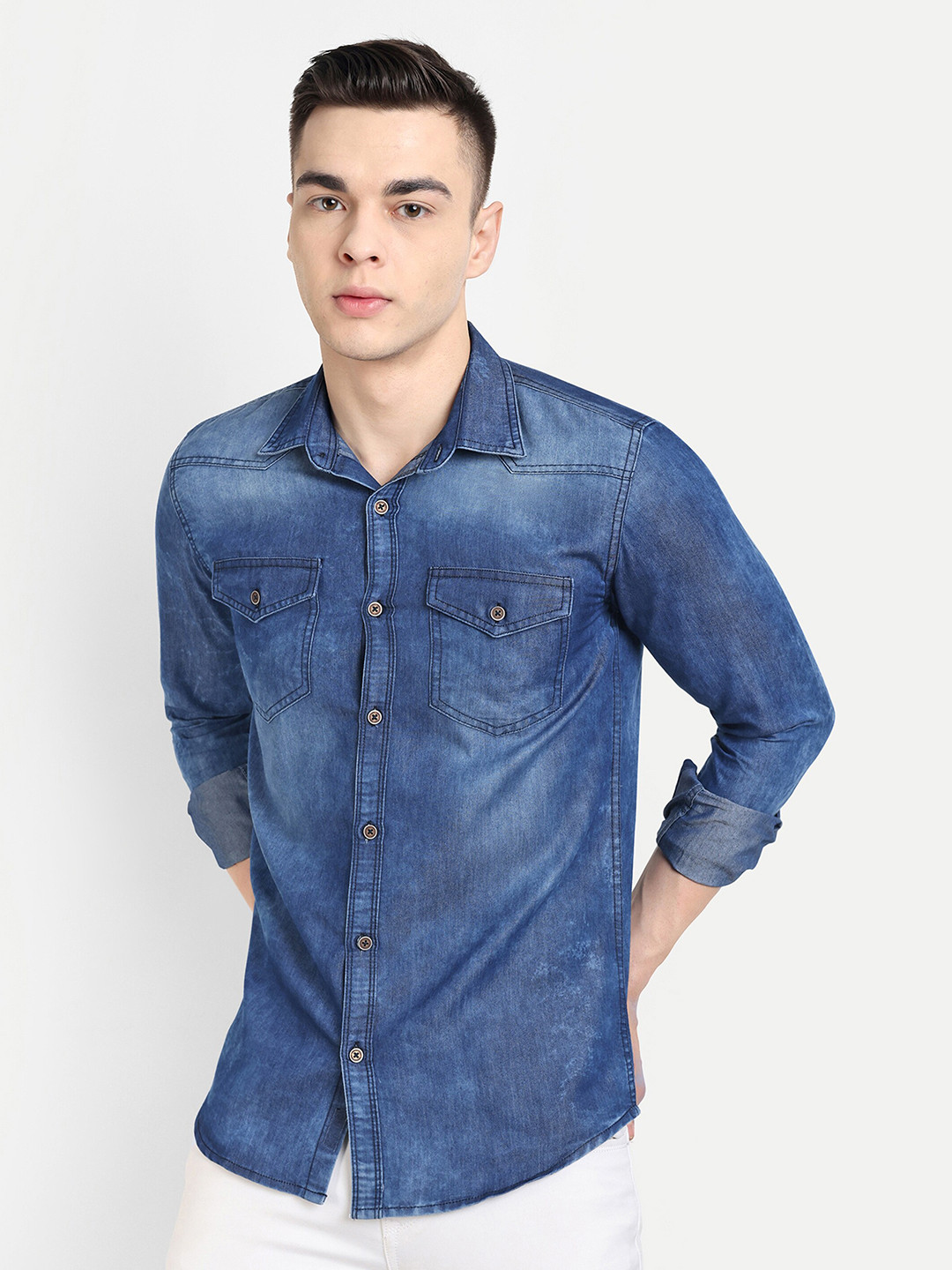 Buy CARBONN CLOTH Faded Spread Collar Regular Fit Denim Opaque Casual ...