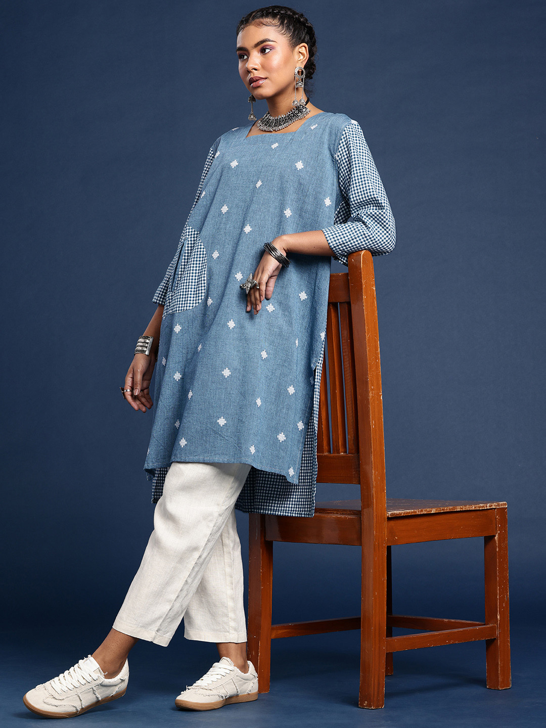 Buy Taavi Geometric Square Neck Pure Cotton Woven Legacy Kurta - Kurtas ...