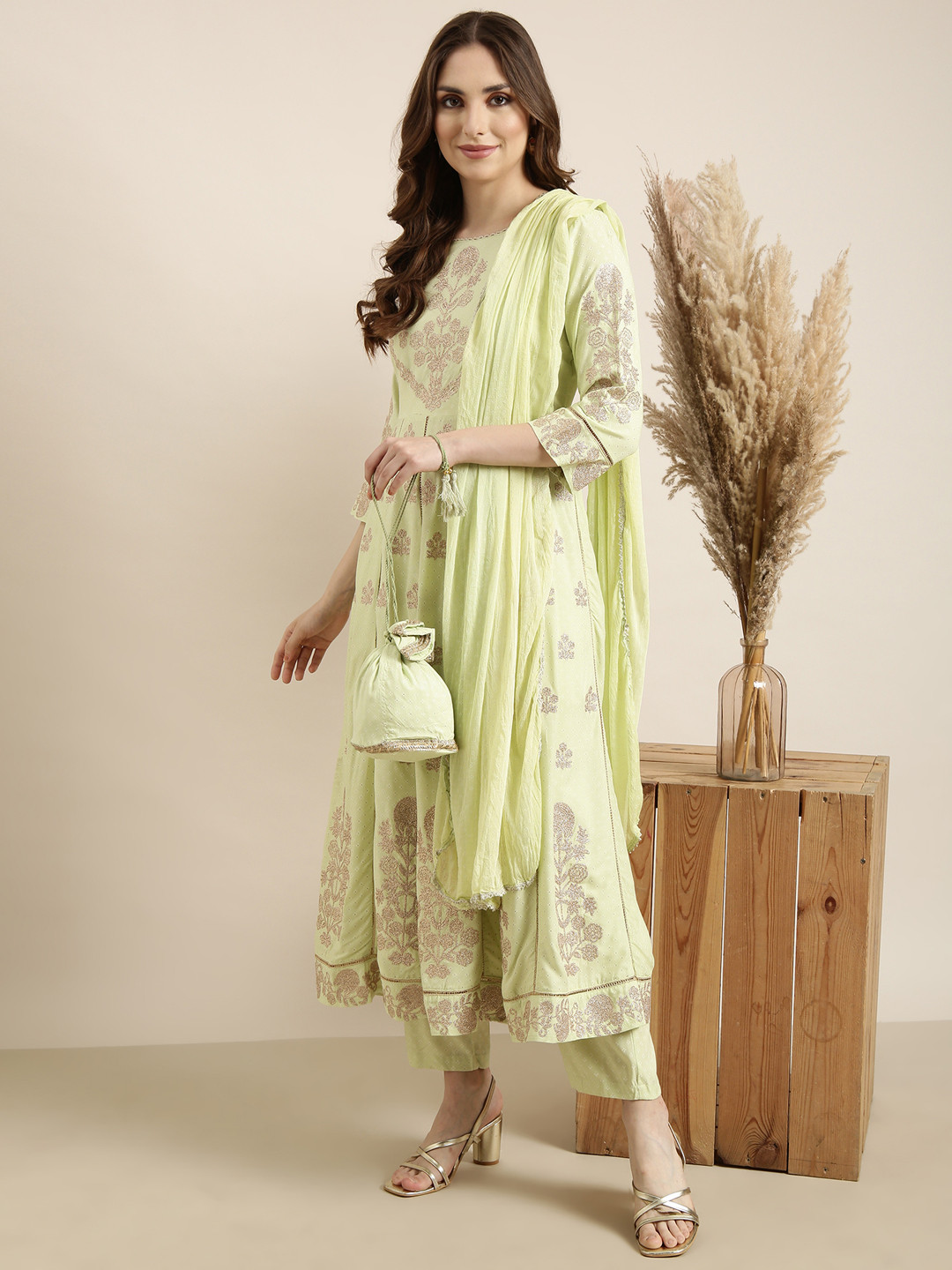 Buy SHOWOFF Floral Embroidered Flared Panelled Anarkali Kurta With ...