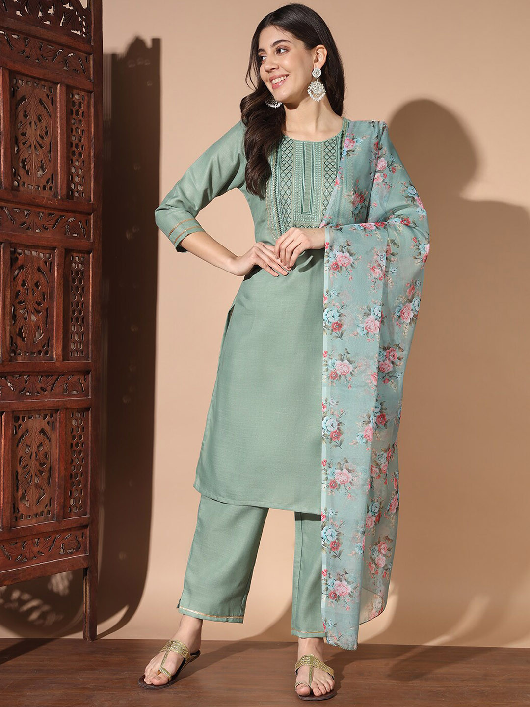 Buy Anouk Green Ethnic Motifs Embroidered Round Neck Pure Cotton Kurta ...