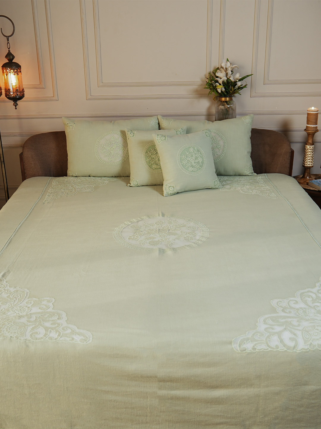 Buy Amora 3 Pcs Set Green Cut Work Pure Cotton Double King Bed Cover ...