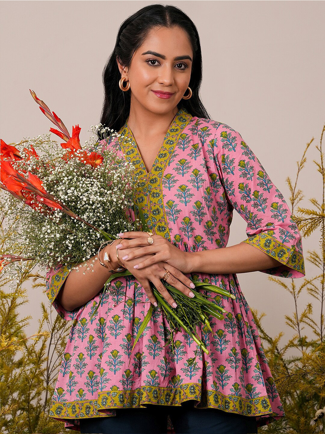 Buy Libas Floral Printed V Neck Pure Cotton A Line Kurti - Kurtis for ...