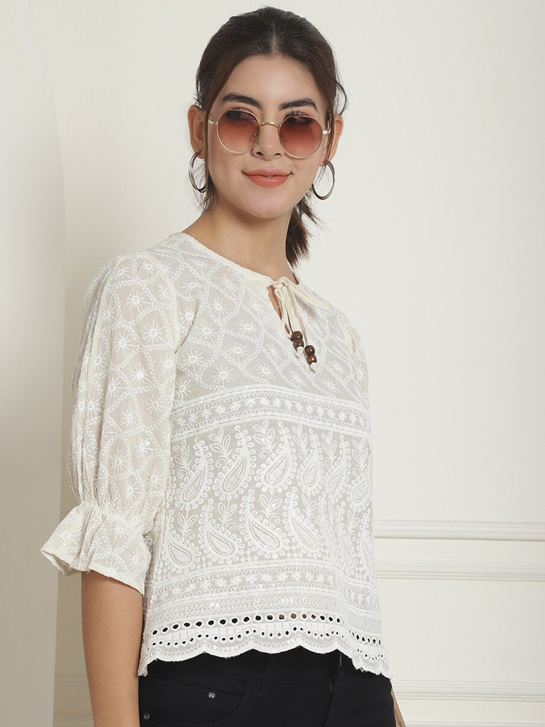 Buy Indian Needle Ethnic Motifs Embroidered Chikankari Pure Cotton Top ...