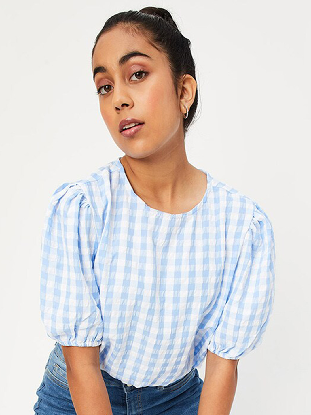 Buy Max Girls Checked Round Neck Puff Sleeves Cotton Top - Tops for ...