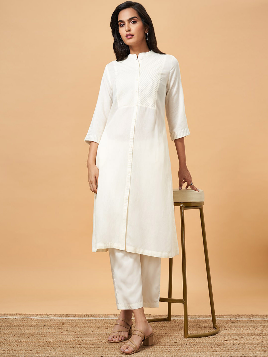 Buy Marigold Lane Mandarin Collar Pleated Straight Kurta - Kurtas for ...