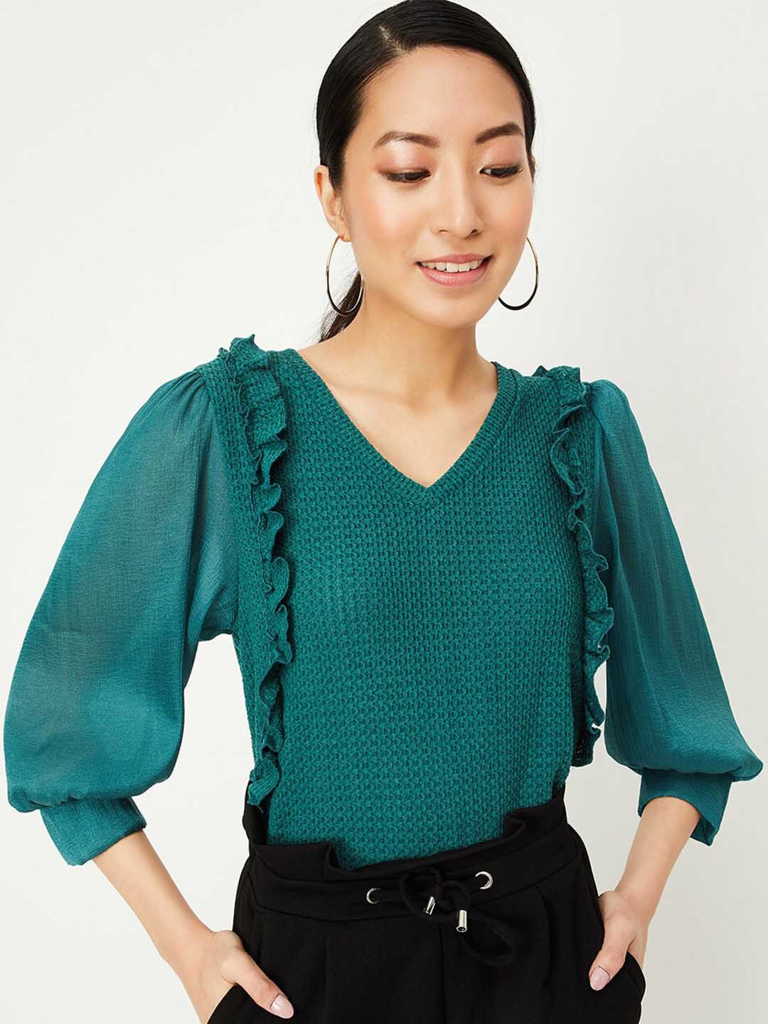 Buy Max Cotton V Neck Puff Sleeve Opaque Casual Top - Tops for Women ...