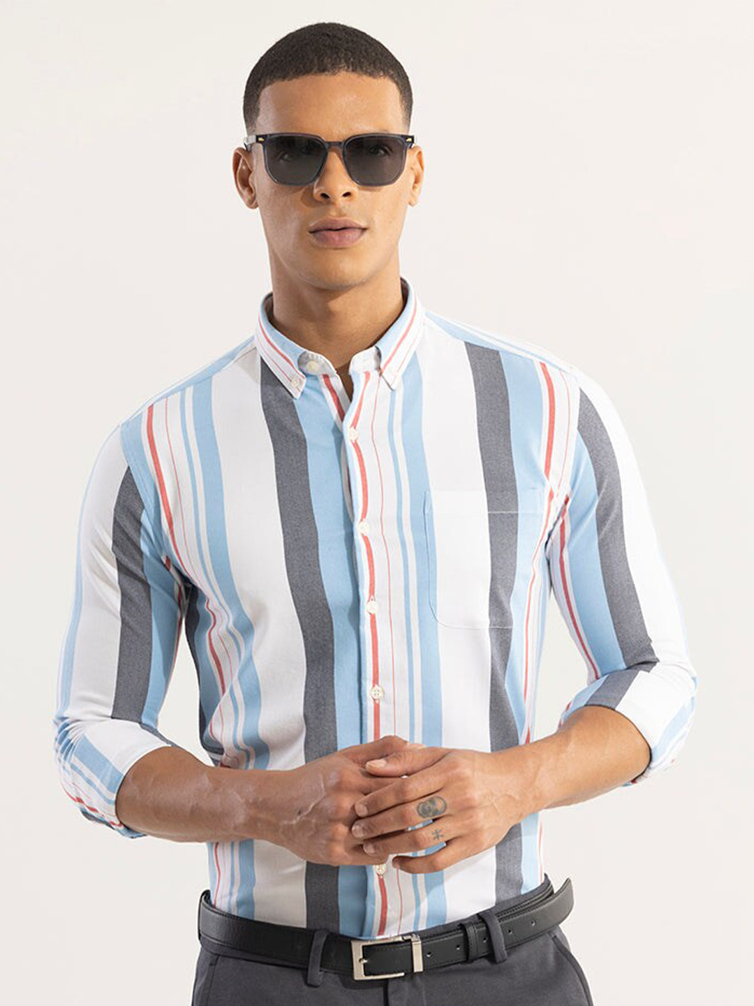 Buy Snitch Blue & White Classic Slim Fit Striped Cotton Casual Shirt ...