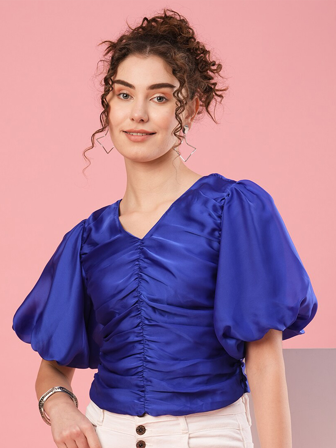 Buy Globus Blue V Neck Flutter Sleeve Opaque Crepe Top - Tops for Women ...