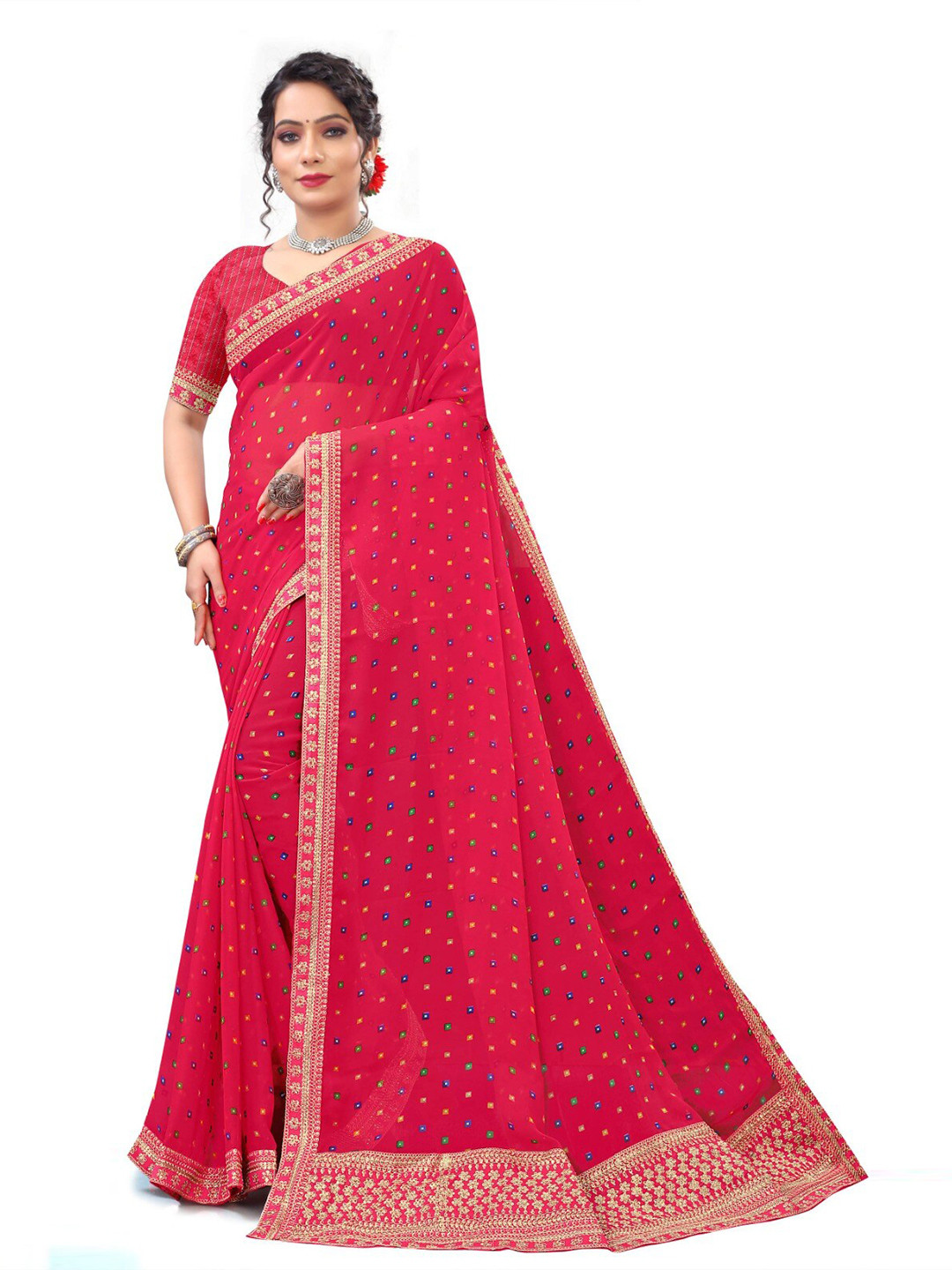 Buy V TEX SAREES Embroidered Pure Georgette Bandhani Saree - Sarees for ...