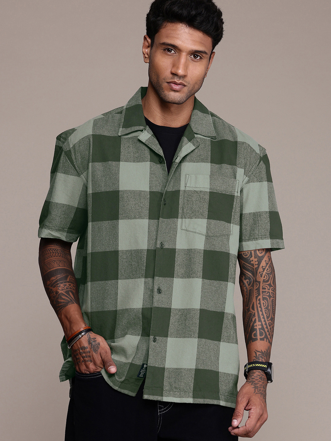 Buy The Roadster Life Co. Relaxed Fit Checked Cuban Collar Pure Cotton Casual Shirt - Shirts for ...