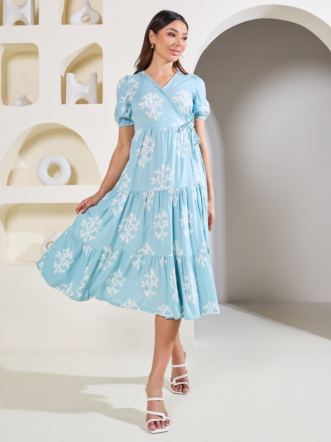 Buy Styli Light Blue Block Print Tiered Wrap Midi Dress - Dresses for ...