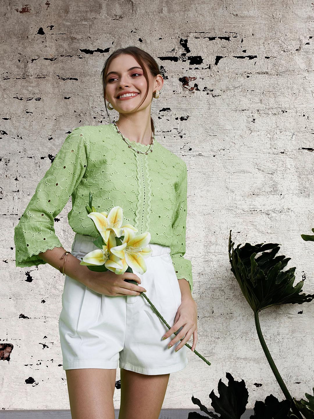 Buy DressBerry Bell Sleeve Cotton Schiffli A Line Top - Tops for Women ...