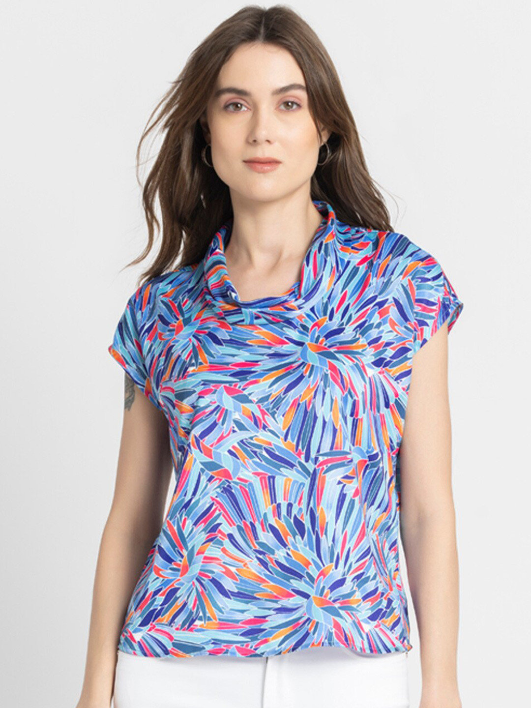 Buy SHAYE Tropical Print Cowl Neck Extended Sleeves Top - Tops for ...