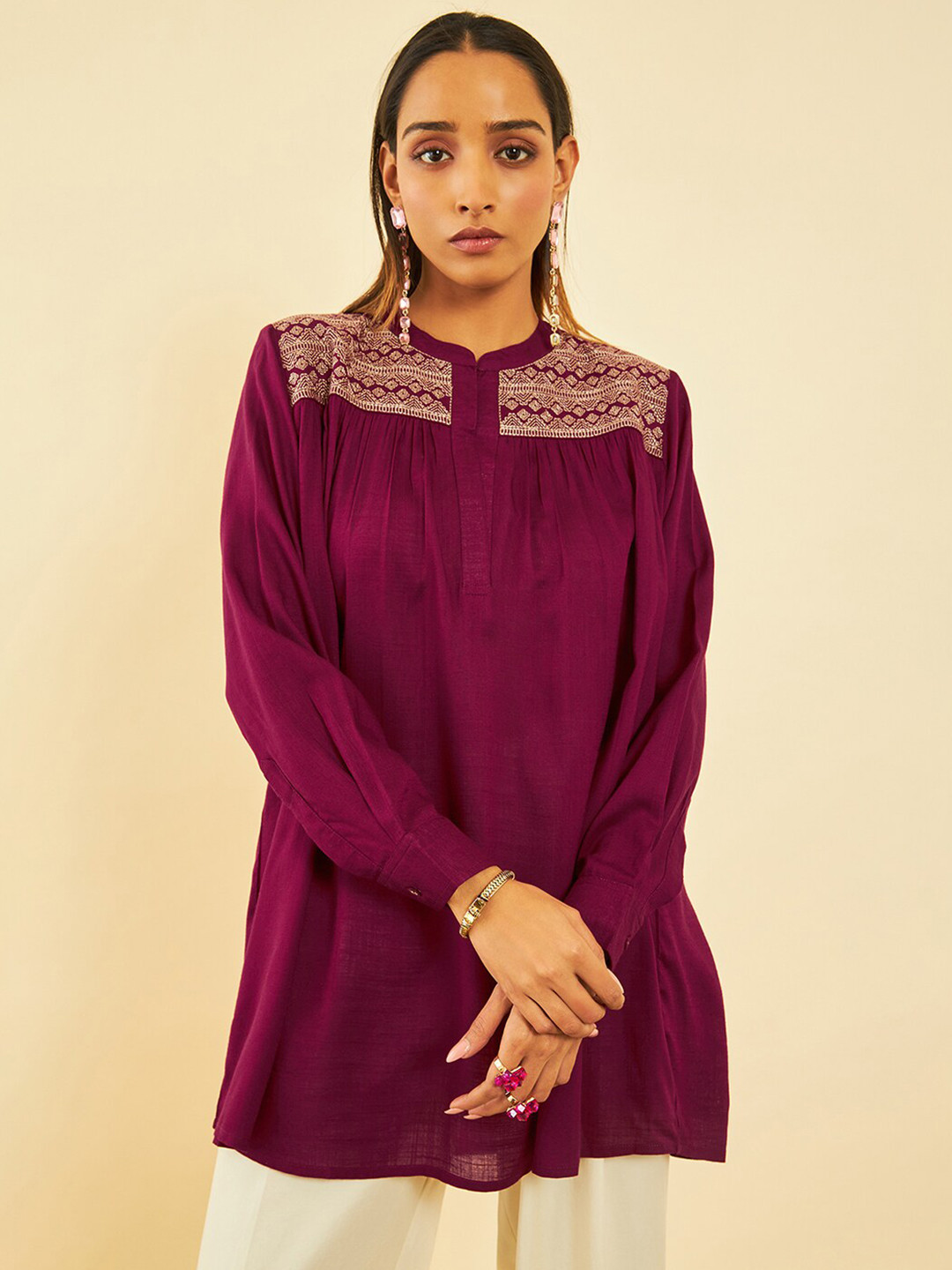Buy Soch Maroon Geometric Embroidered Mandarin Collar Tunic - Tunics ...