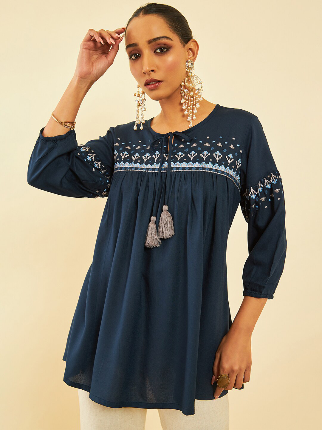 Buy Soch Navy Blue Floral Embroidered Tie Up Neck Tunic - Tunics for ...