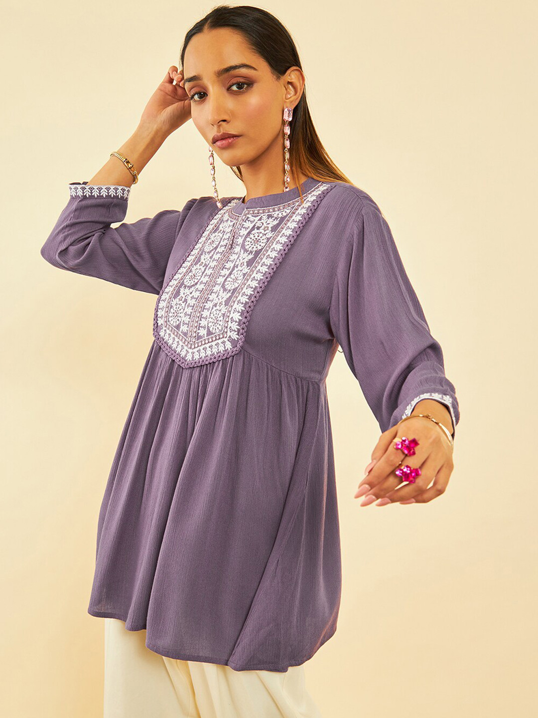 Buy Soch Purple Floral Embroidered Mandarin Collar Crepe Tunic - Tunics ...