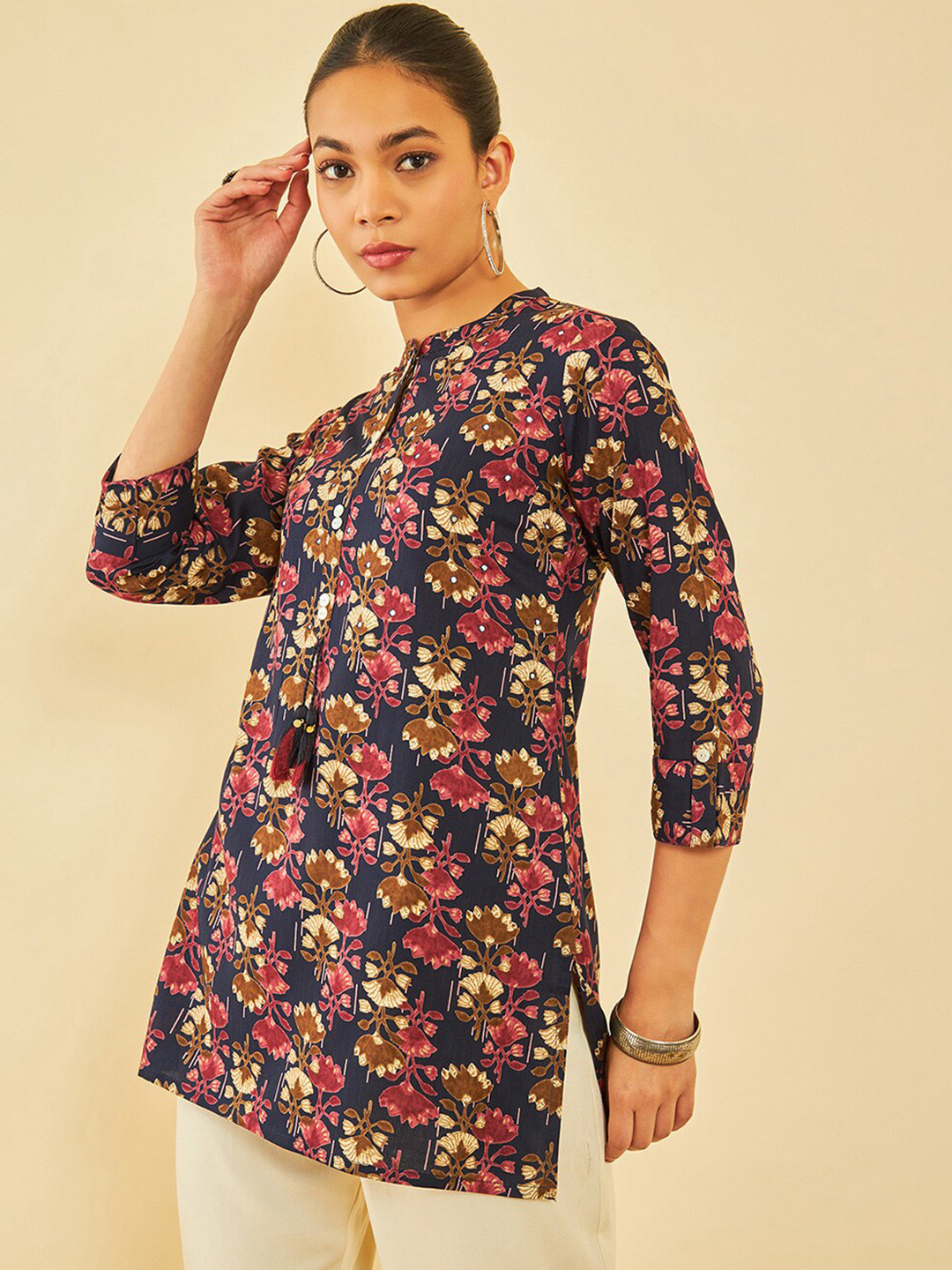 Buy Soch Mandarin Collar Floral Printed Tunic - Tunics for Women ...