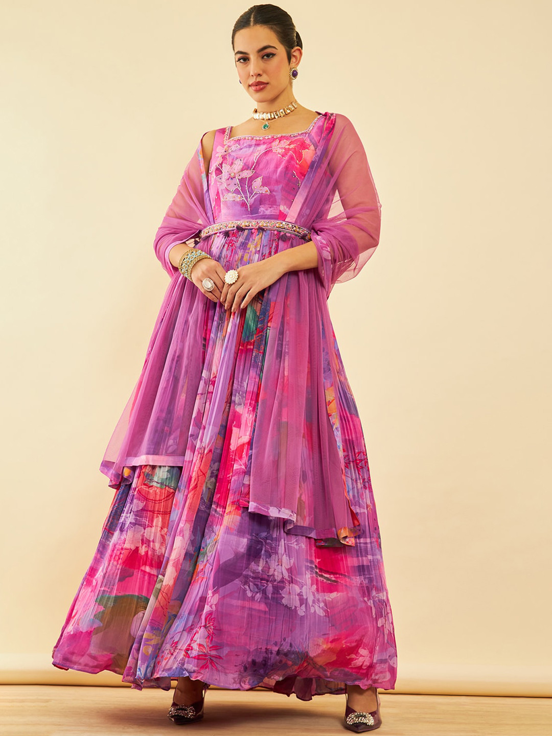 Buy Soch Purple Floral Printed Cotton Ethnic Dress With Dupatta And ...