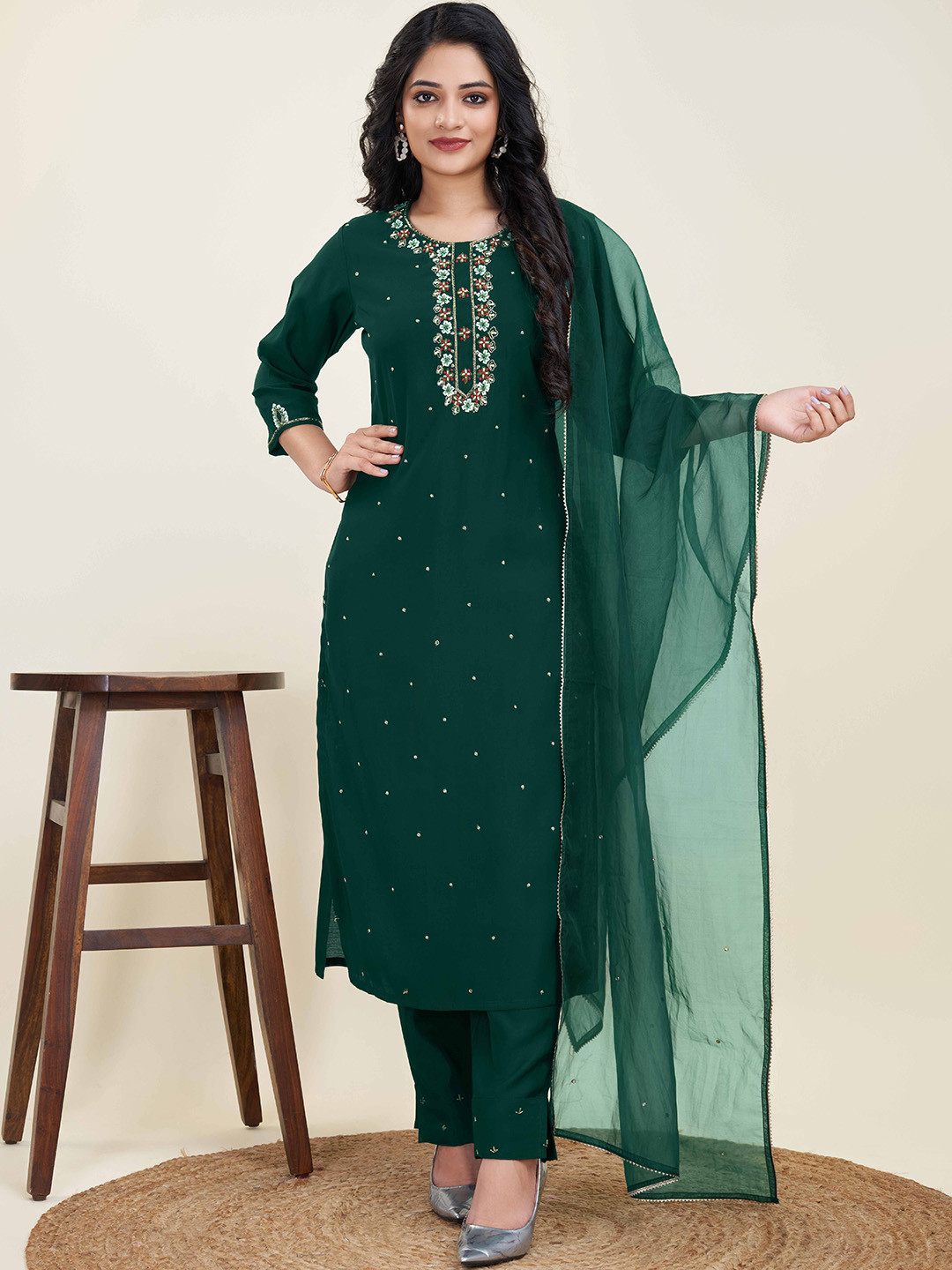 Buy Cbazaar Ethnic Motifs Embroidered Beads & Stones Straight Kurta & Trouser With Dupatta ...