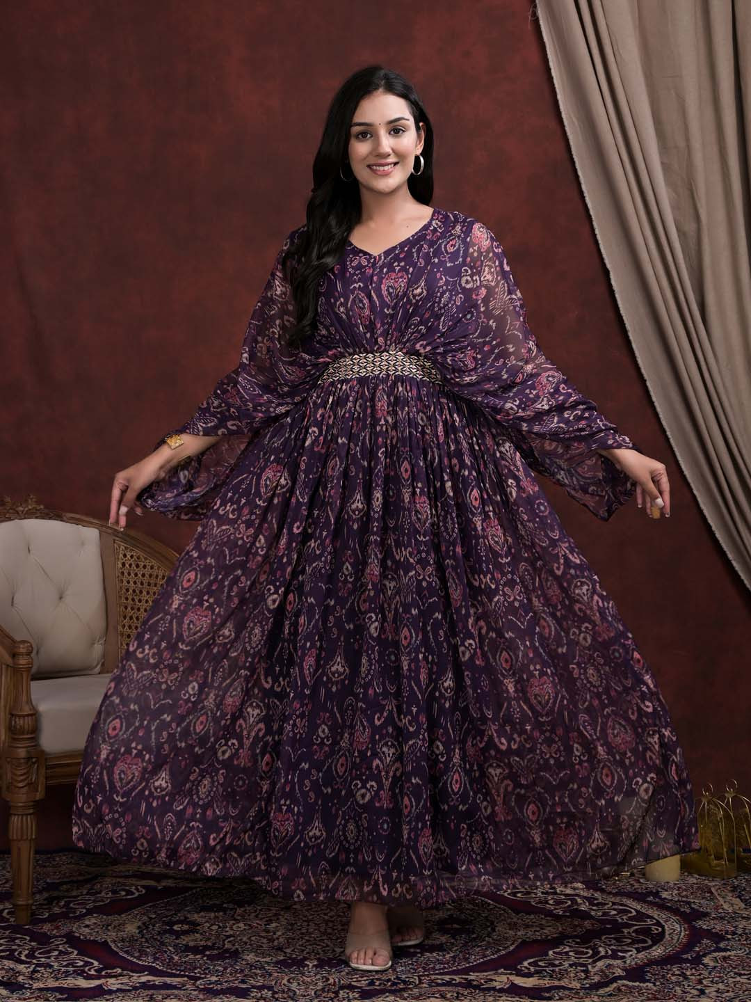 Buy Meena Bazaar Ethnic Motifs Printed Batwing Sleeves Embellished ...