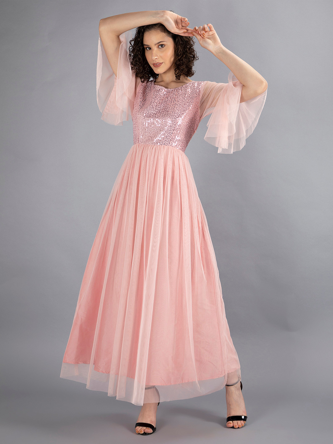 Buy NEUDIS Embellished Bell Sleeve Net Maxi Dress - Dresses for Women ...