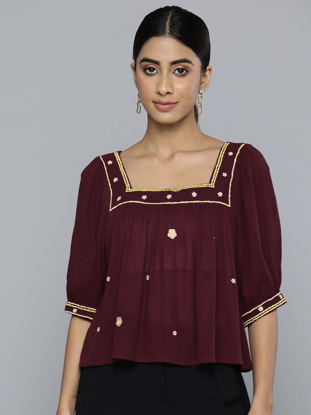 Buy SCOUP Floral Embroidered Puff Sleeve Crepe Top - Tops for Women ...