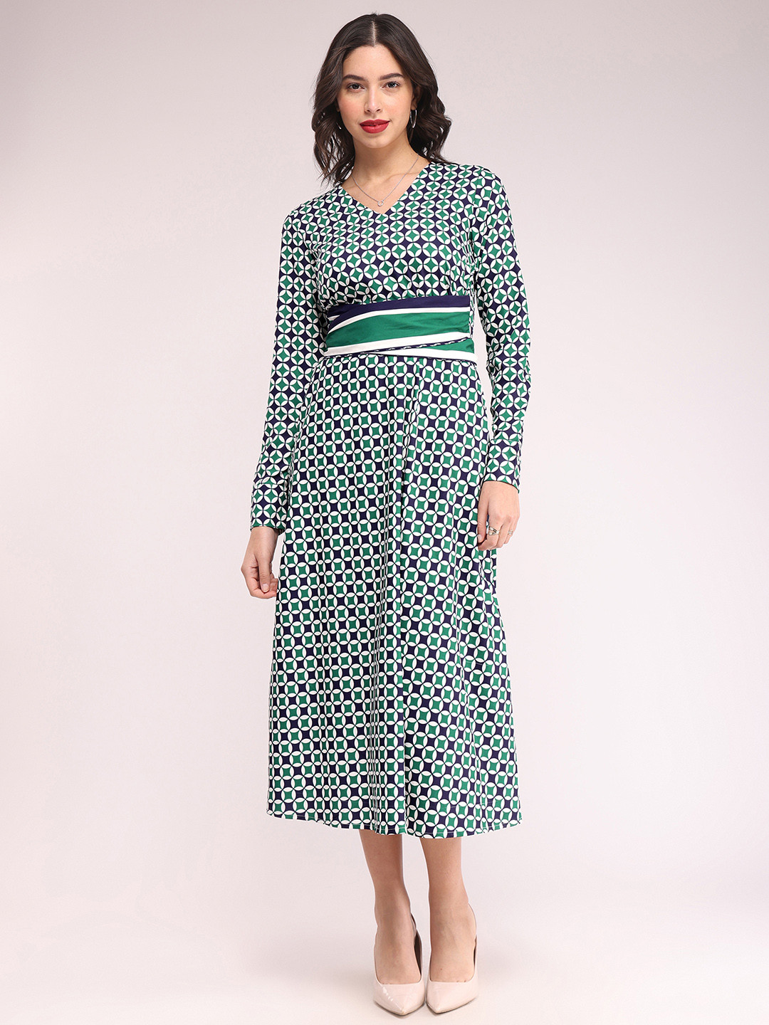 Buy FableStreet Geometric Printed Fit & Flare Midi Women Dress With ...