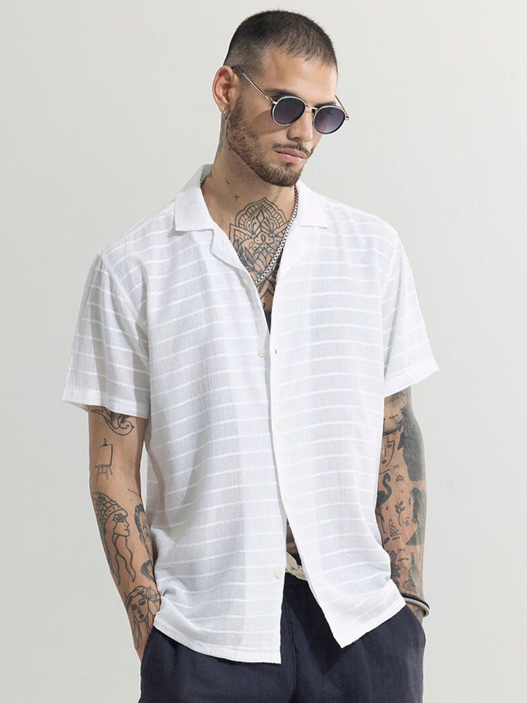 Buy Snitch White Self Design Textured Cuban Collar Classic Boxy Casual ...