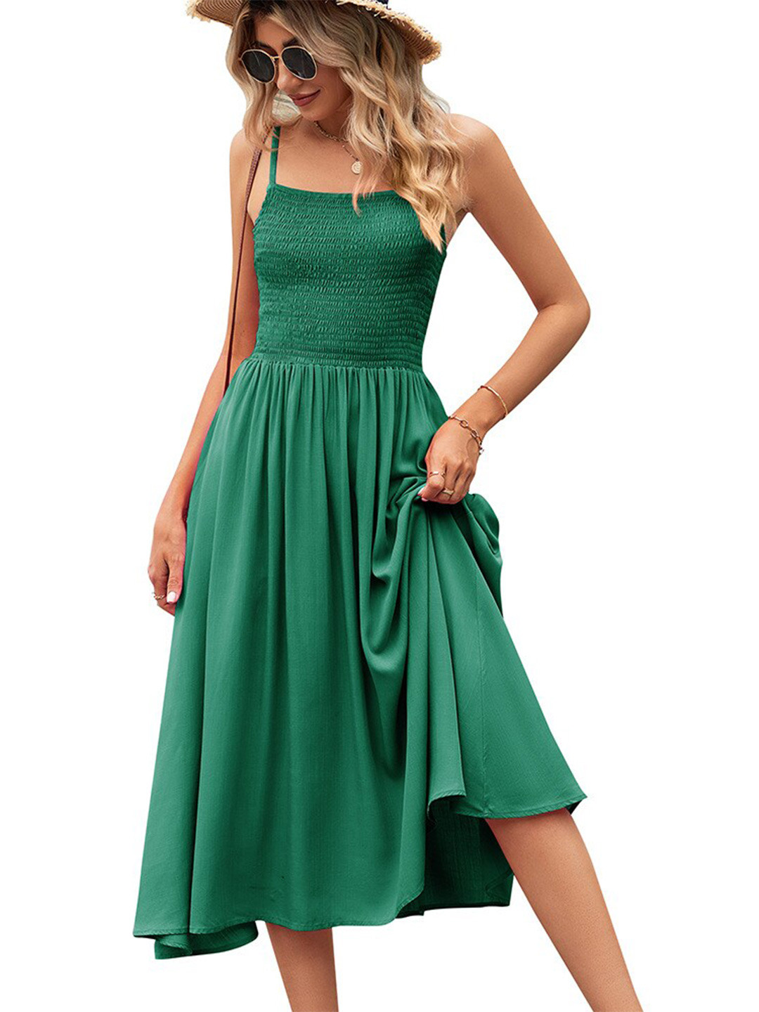 Buy StyleCast Green Shoulder Straps Smocked Fit & Flare Dress - Dresses ...