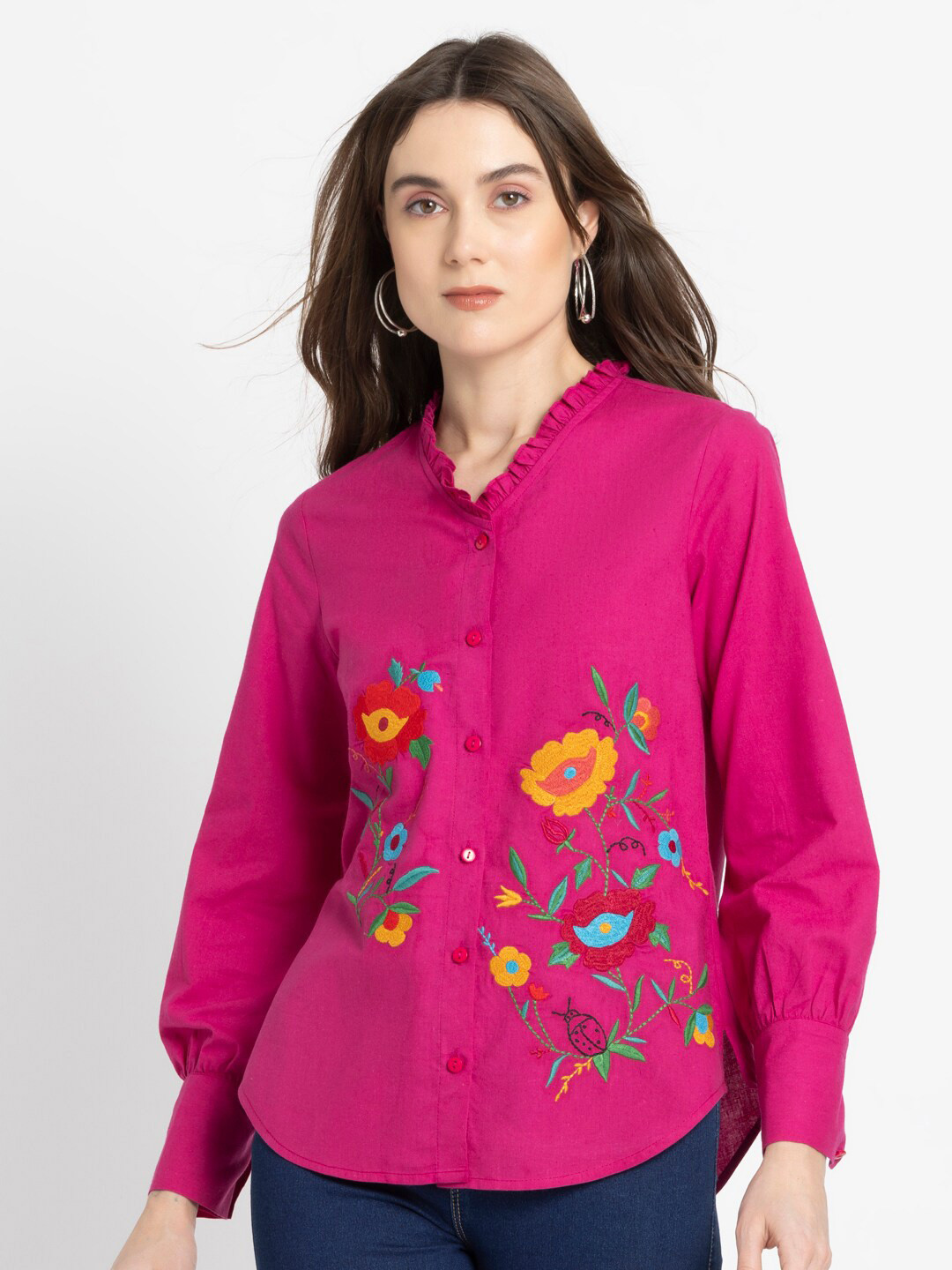 Buy SHAYE Floral Embroidered Cuffed Sleeves Cotton Shirt Style Top ...
