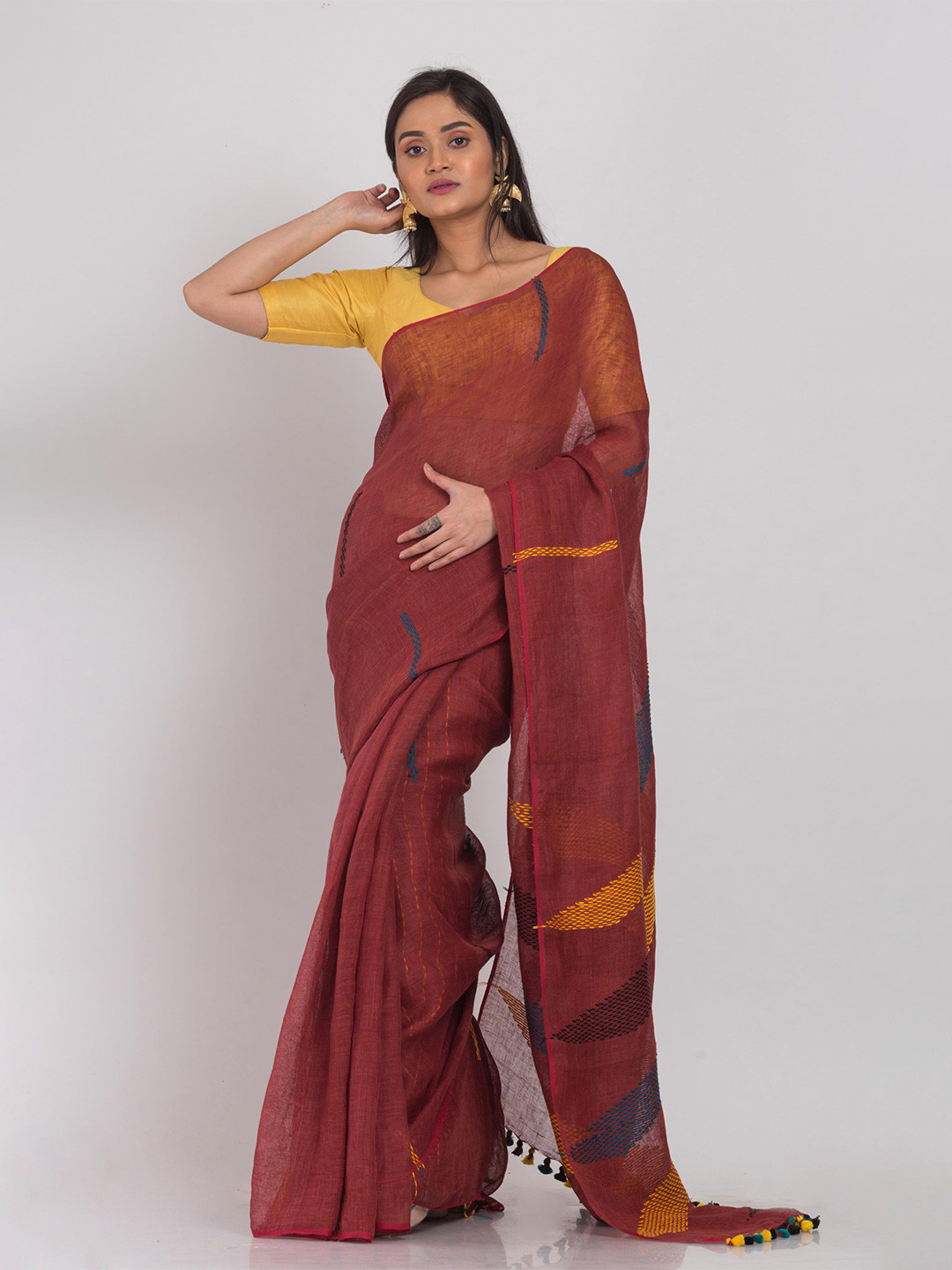 Buy Angoshobha Abstract Woven Design Pure Linen Saree - Sarees for ...
